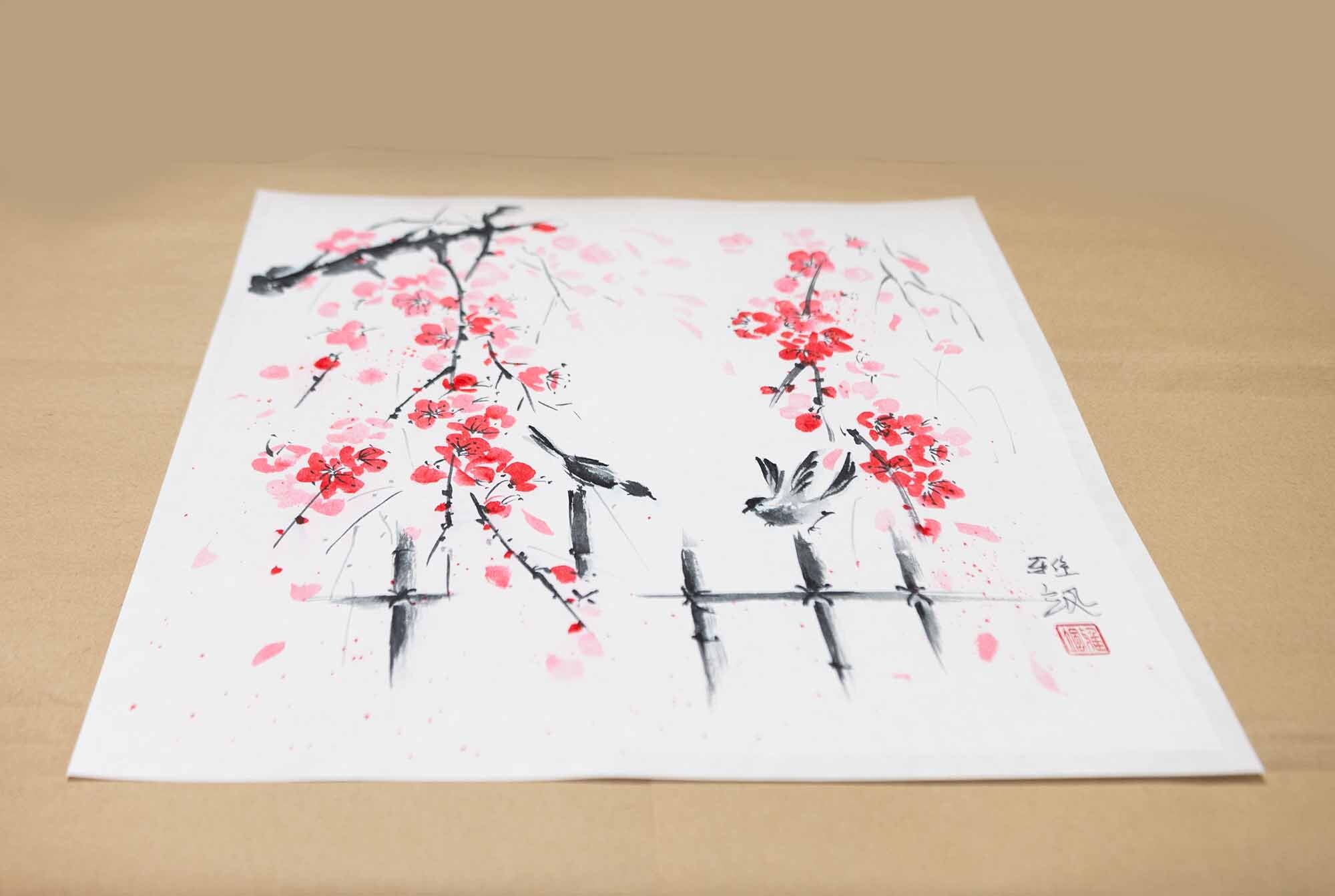 Vibrant Cherry Blossom Branch, Original Square Sumi-e Painting, Ink and ...