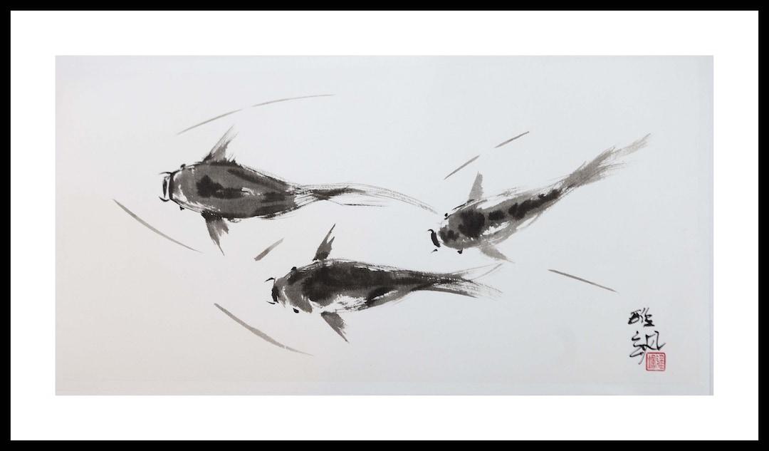 Koi Fish Ink Painting Original Sumi-e on Rice Paper Japanese Suibokuga ...