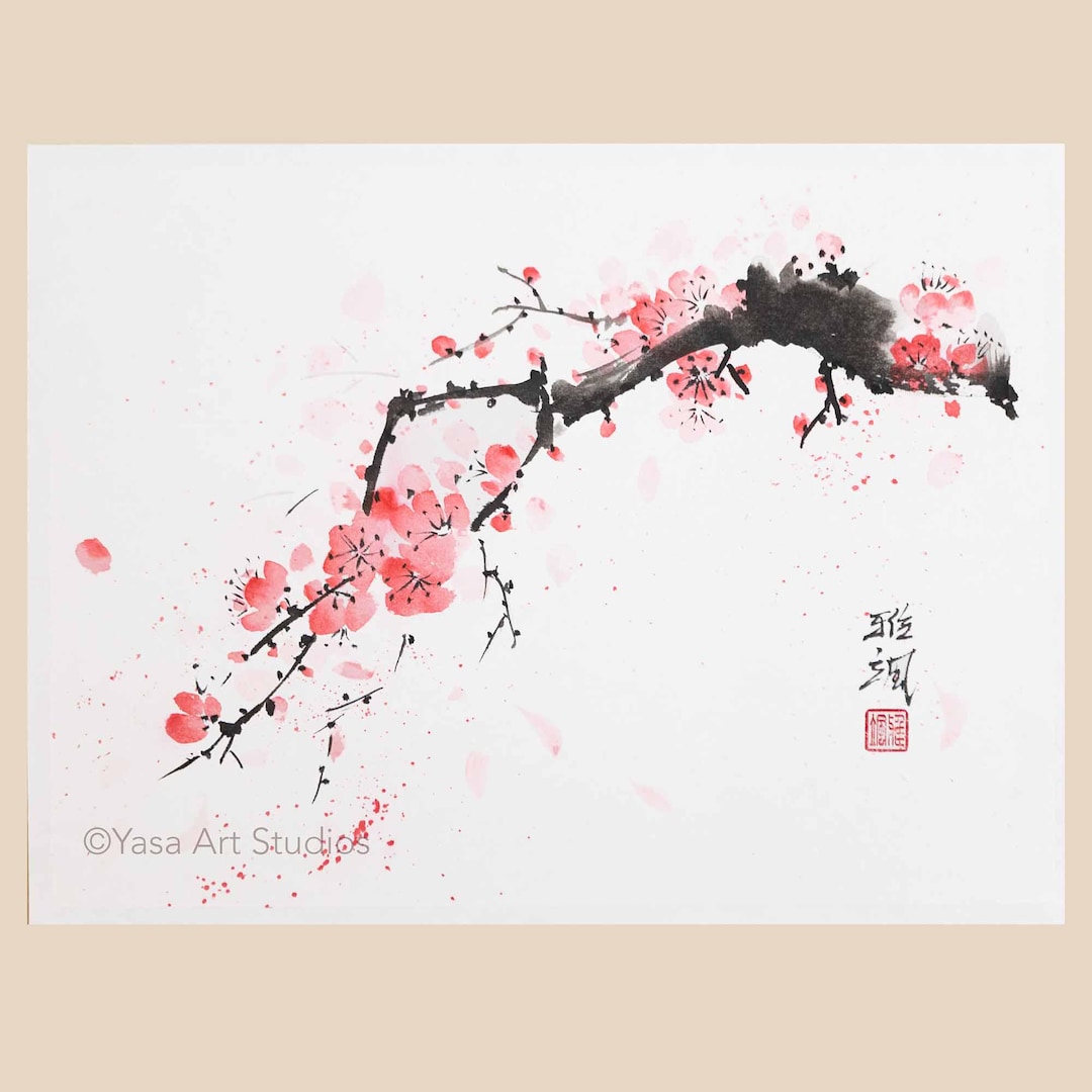 Vibrant Cherry Blossom Branch, Original Sumi-e Painting, Ink and ...