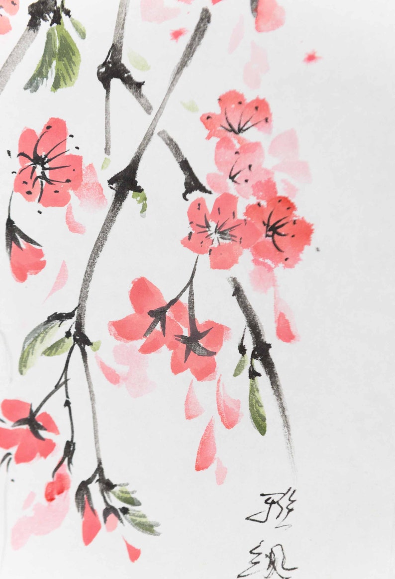 Pastel Pink Sakura Painting. Original Ink and Watercolours in Rice ...