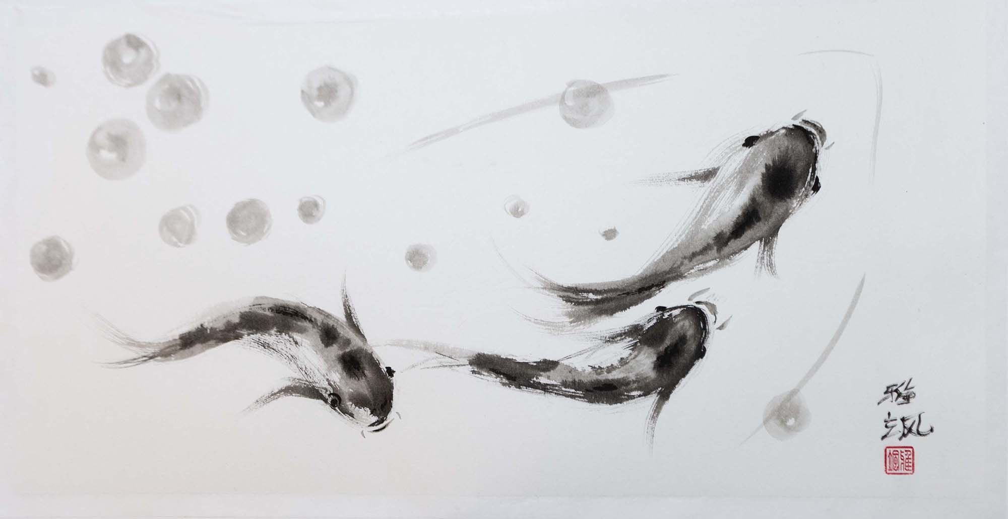 Koi Fish Ink Painting, Original Sumi-e on Rice Paper, Japanese Subokuga ...