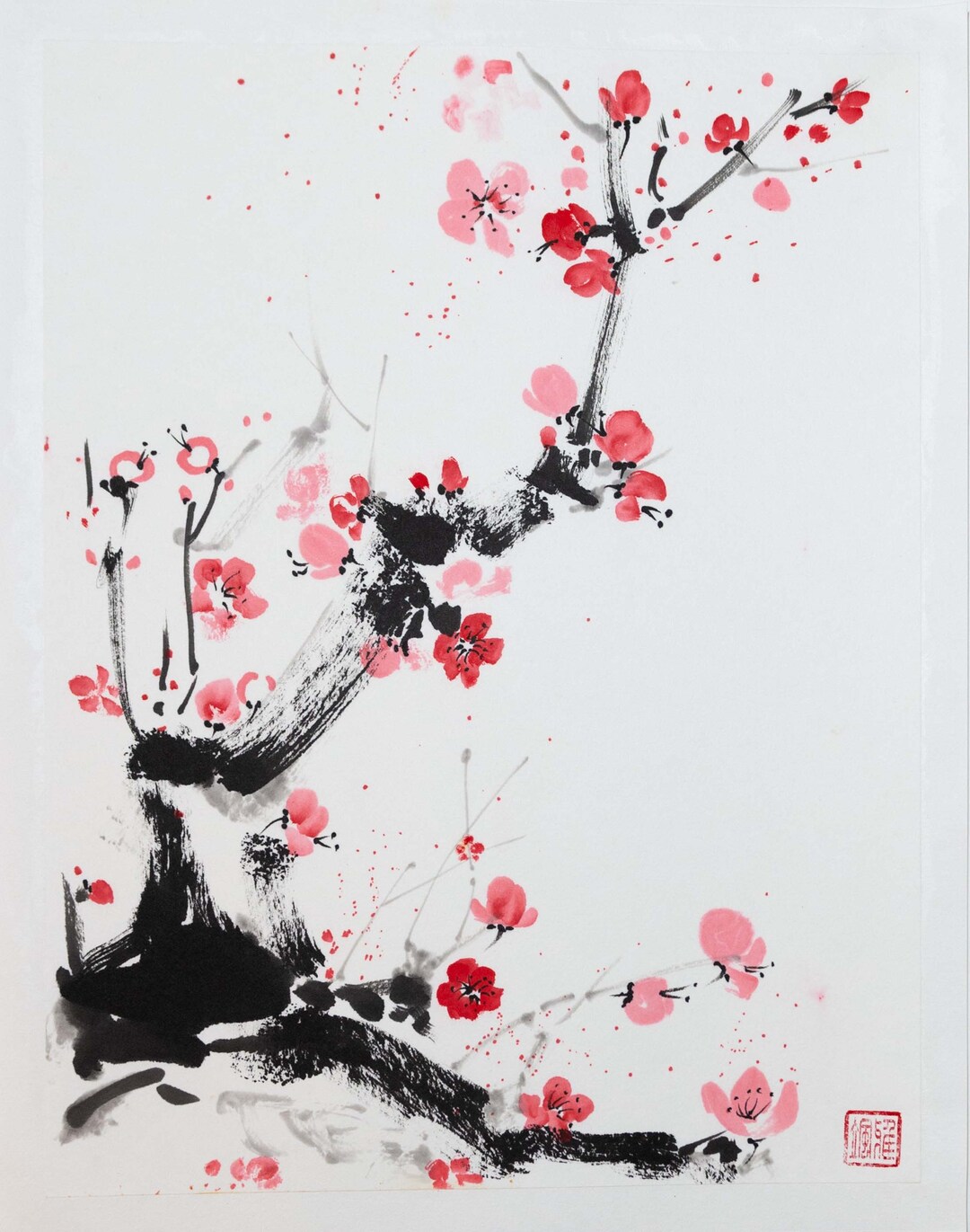 Sakura Branch. Ink and Watercolours in Rice Paper. Japanese Cherry ...