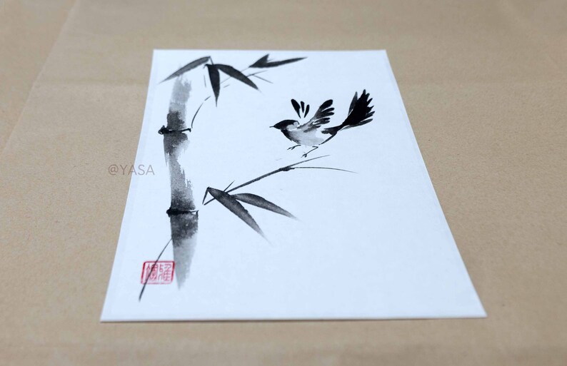 Sparrow and Bamboo Small Original Sumi-e Painting. Ink on Rice Paper ...