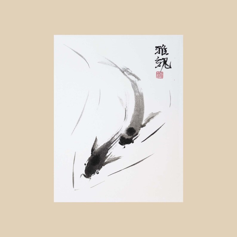Two Japanese Koi Sumi-e Artwork - Original Ink Painting on Rice Paper ...