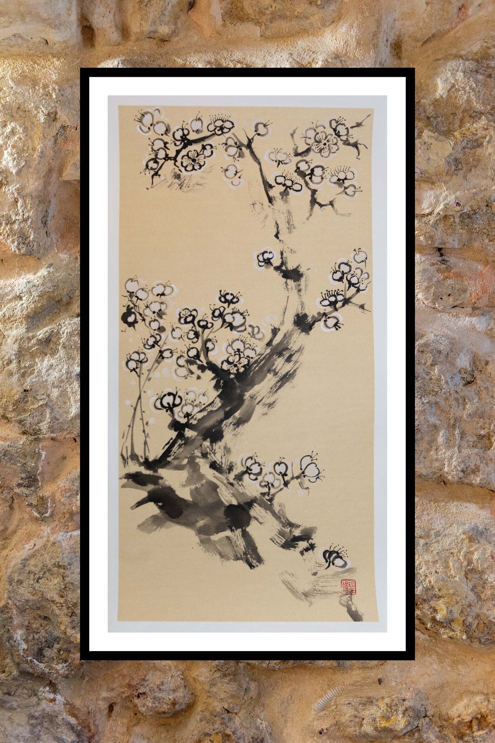 Cherry Blossom Sumi-e Painting - Japanese Sakura Art - Ink Watercolor ...