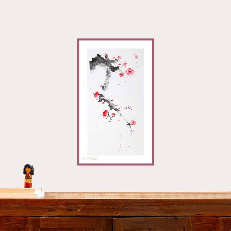 Cherry Blossom Sumi-e Painting - Japanese Sakura Art - Ink and ...