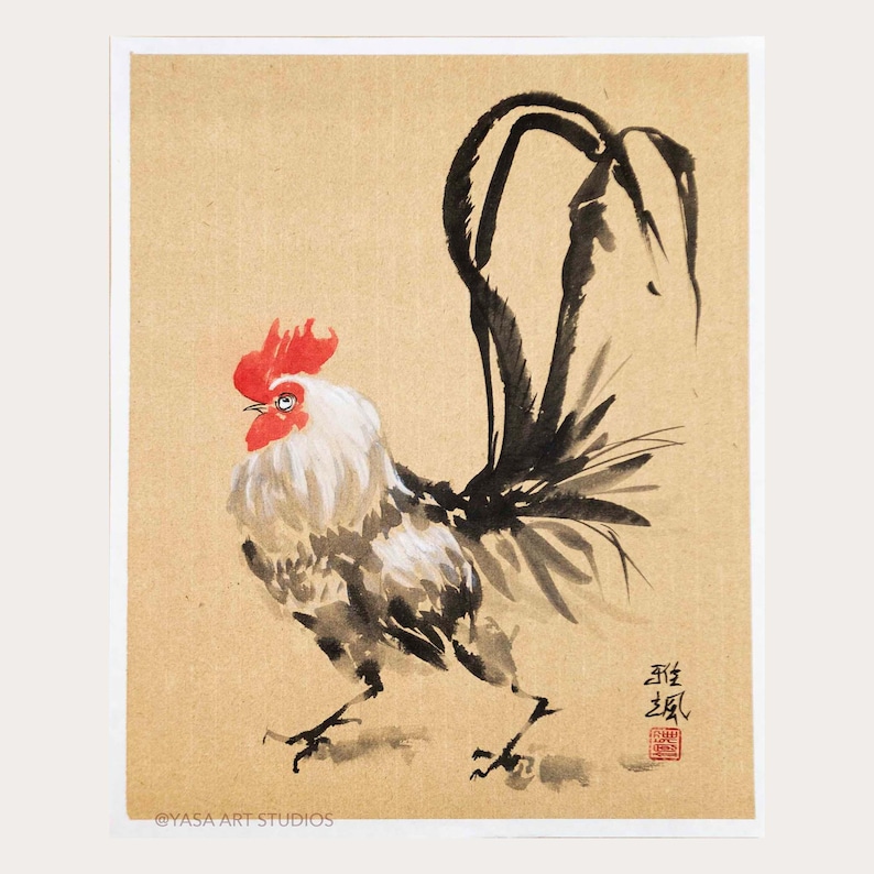 Rooster Painting - Ink and Watercolours on Rice Paper - Japanese Sumi-e ...