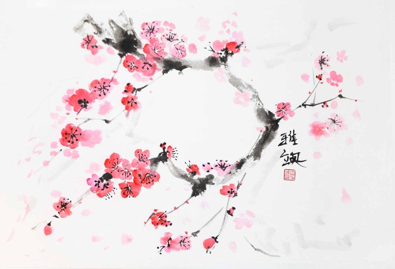 Cherry Blossoms Large Original Painting – Ink and Watercolours on Rice ...