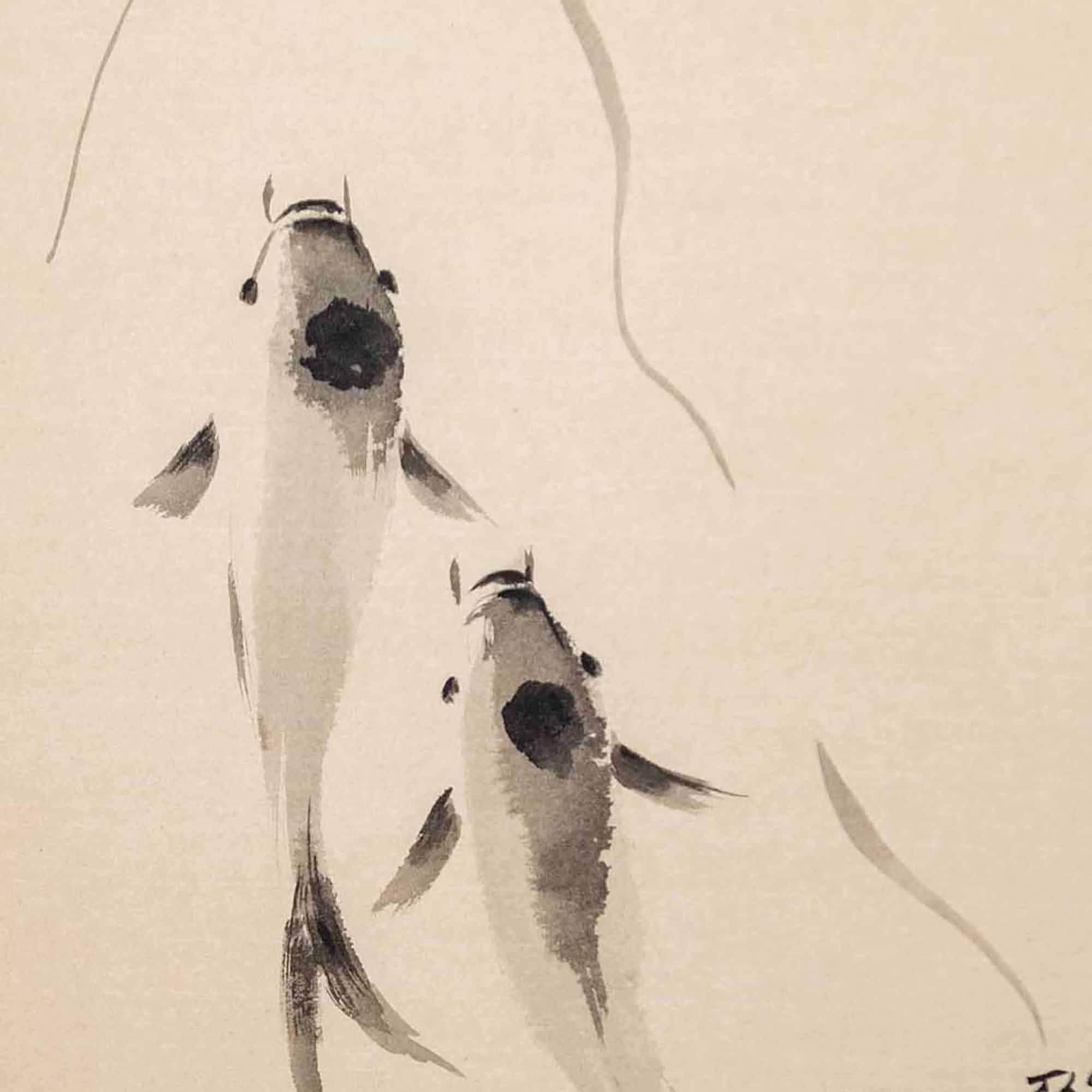 Two Koi Original Painting: Ink on Beige Rice Paper, Japanese Sumi-e Art ...