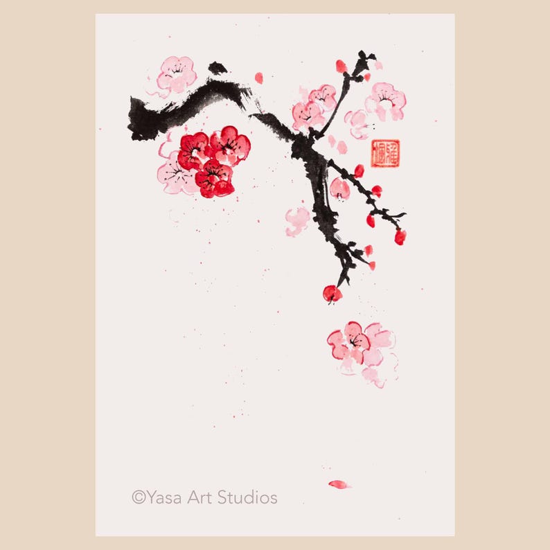 Cherry Blossom Painting - Original Sumi-e Artwork - Ink and ...