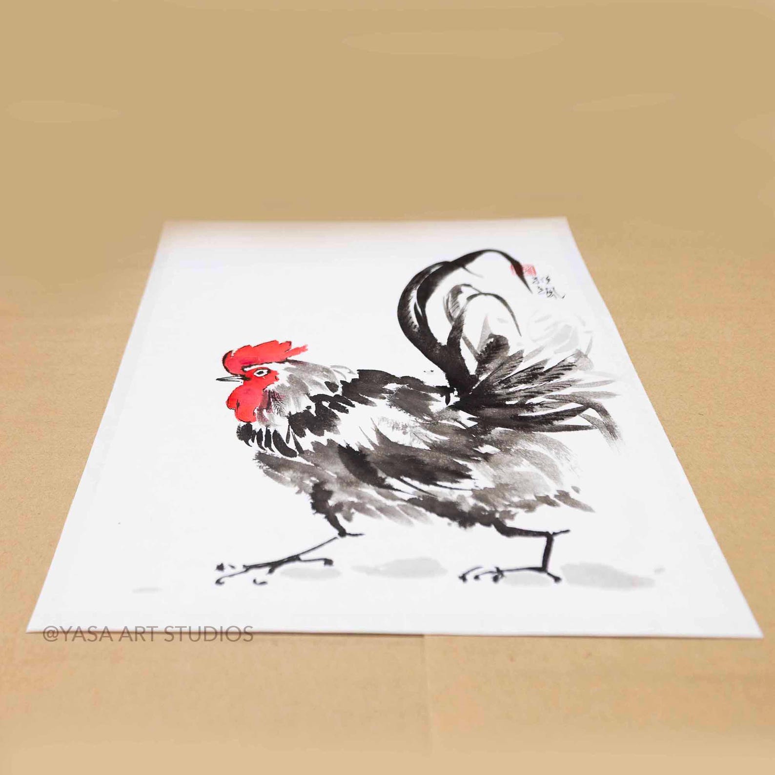Rooster Painting - Ink and Watercolours on Rice Paper - Japanese Sumi-e ...