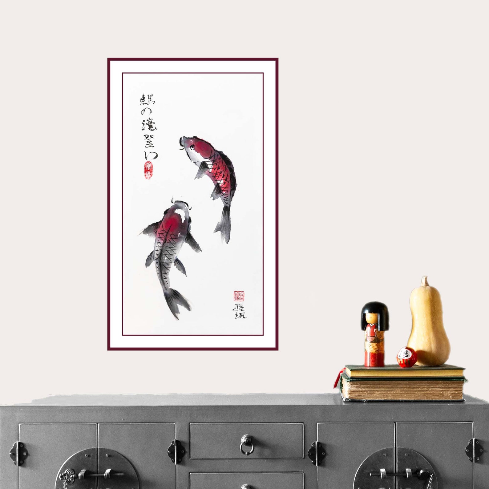 Koi Fish Climbing the Waterfall, Original Sumi-e Artwork With Japanese ...