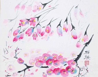Cherry Blossom Original Painting, Ink and Watercolours on Rice Paper ...