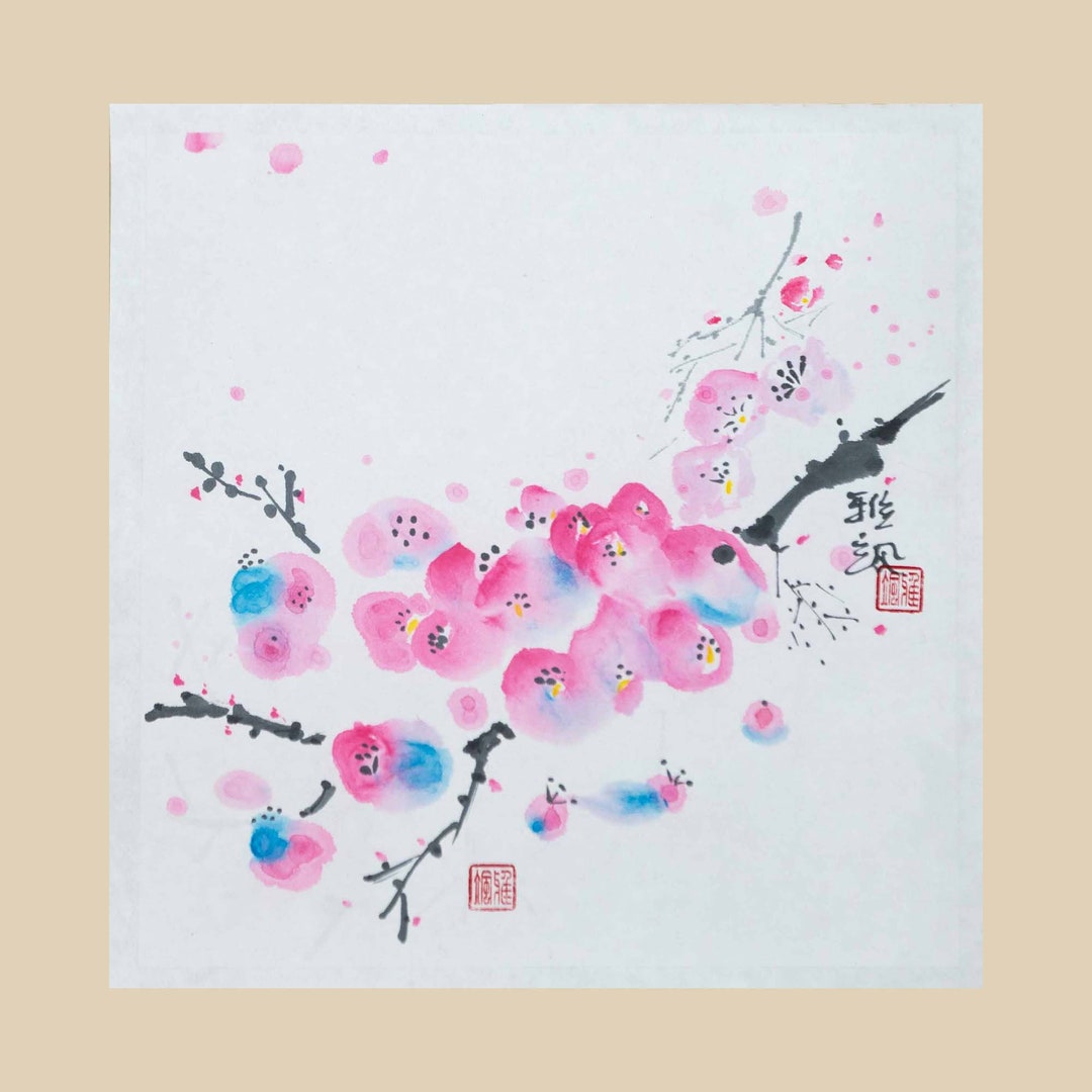 Japanese Cherry Blossoms - Sumi-e Painting on Rice Paper - Ink and ...