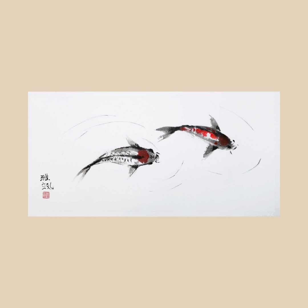 Koi Fish Sumi-e Painting: Japanese Ink Art, Unframed Wall Decor - Etsy