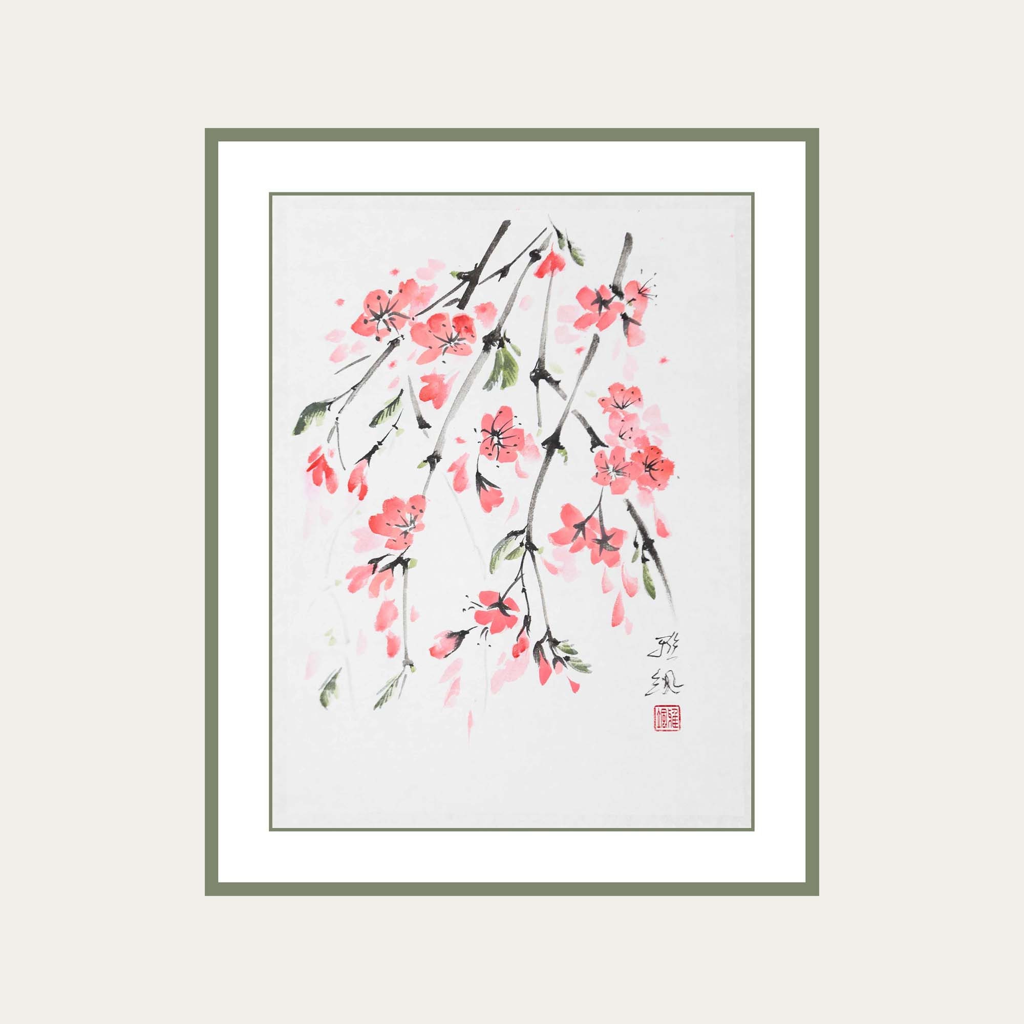 Pastel Pink Sakura Painting. Original Ink and Watercolours in Rice ...
