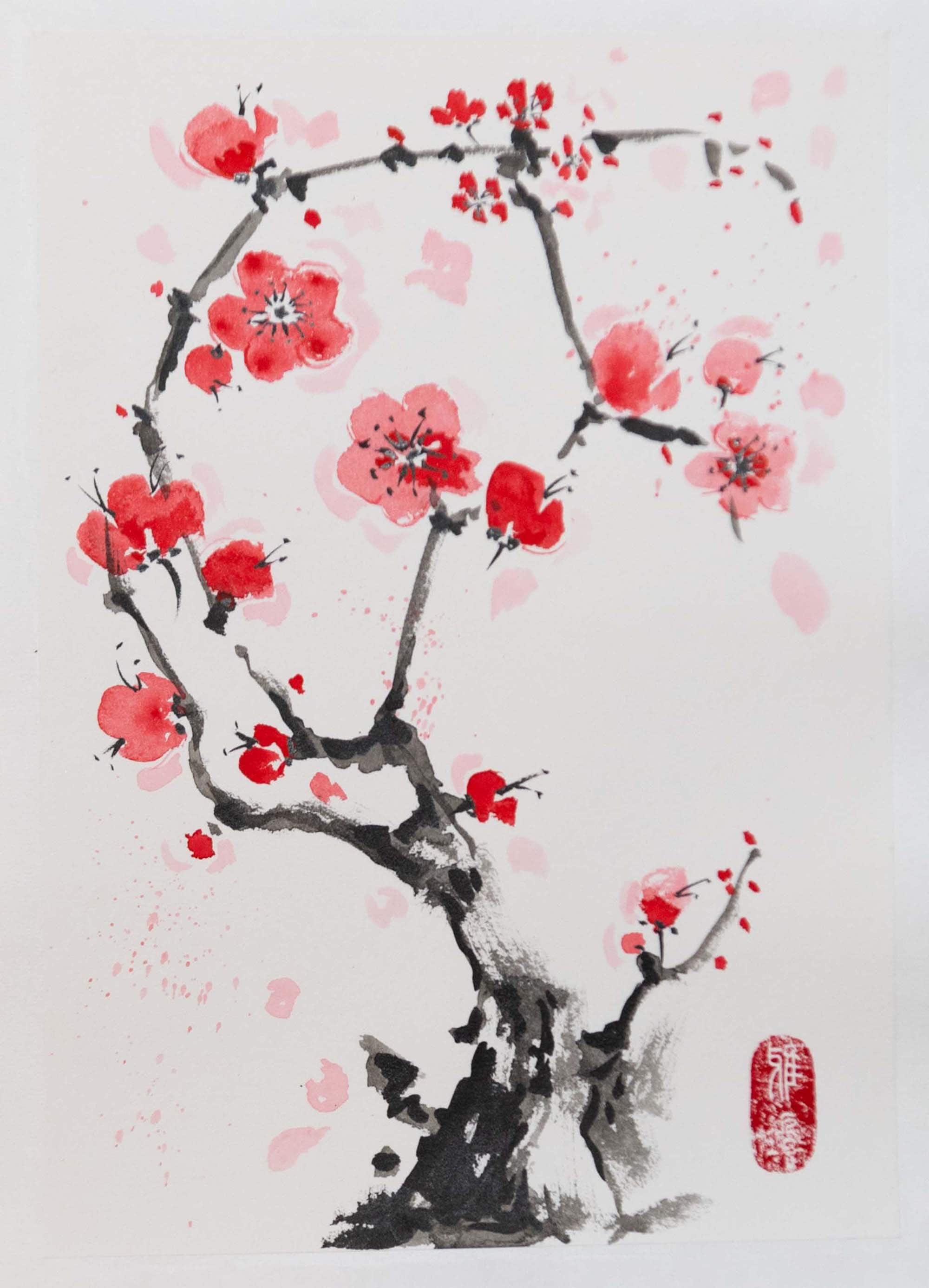 Cherry Blossom Tree Original Sumi-e Painting Ink and Watercolours on ...