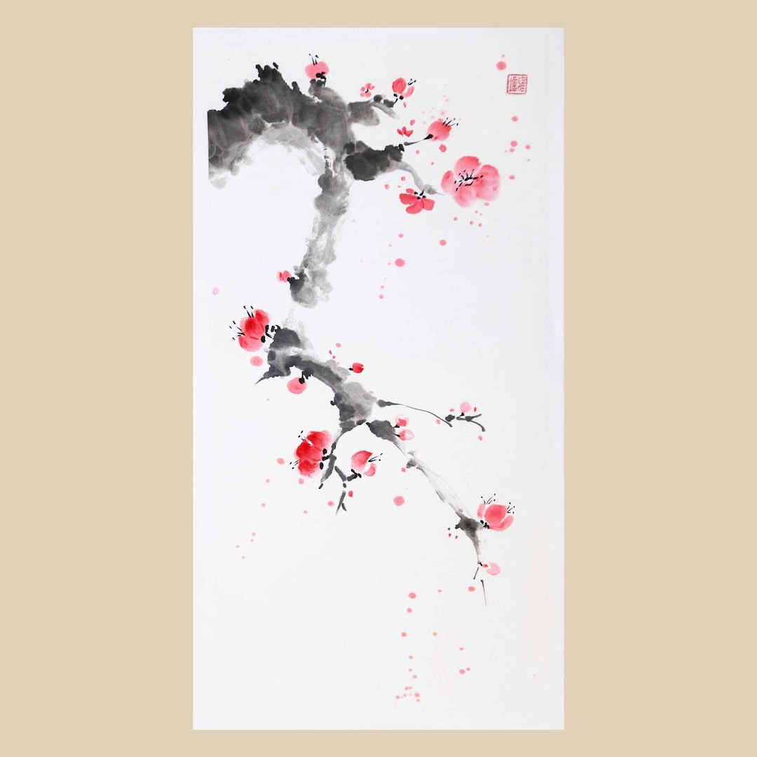 Cherry Blossom Sumi-e Painting - Japanese Sakura Art - Ink and ...
