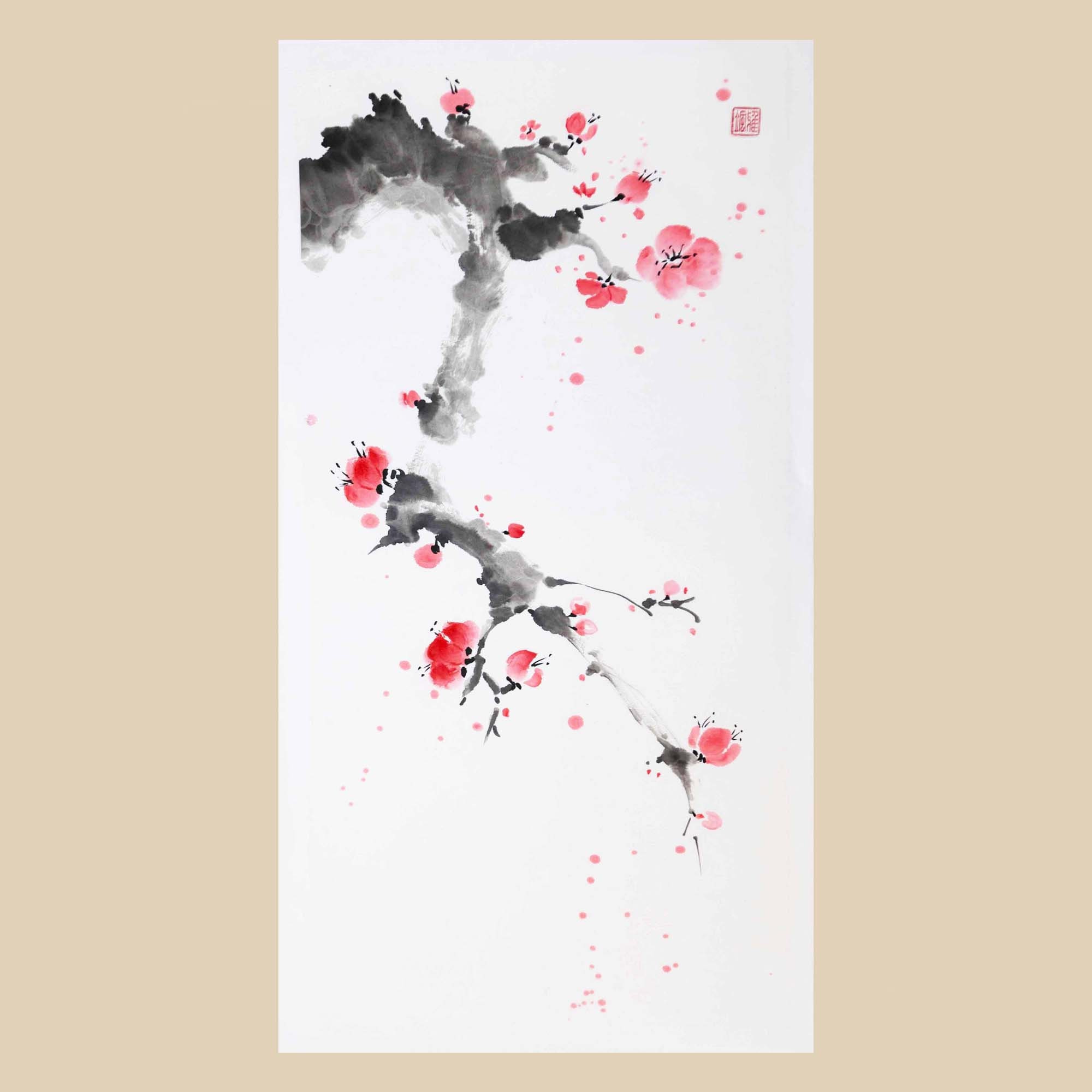 Cherry Blossom Sumi-e Painting - Japanese Sakura Art - Ink and ...