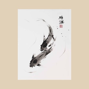 Two Koi Fish Original Painting, Ink on Rice Paper, Japanese Sumi-e ...