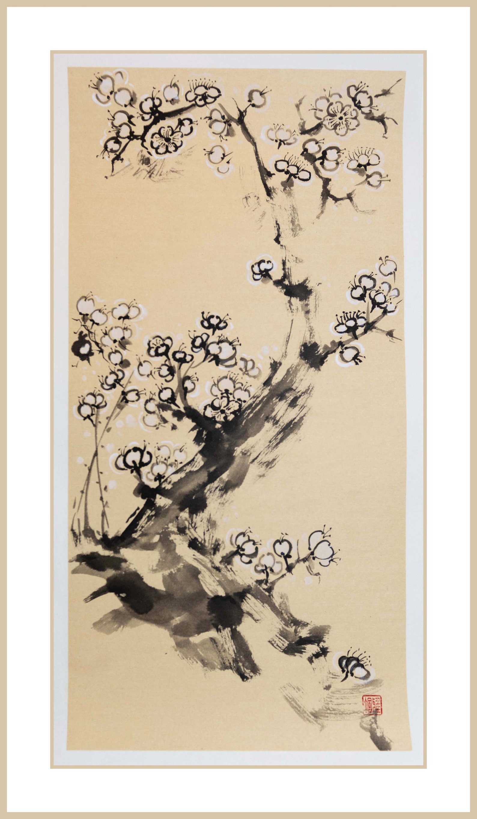 Cherry Blossom Sumi-e Painting - Japanese Sakura Art - Ink Watercolor ...