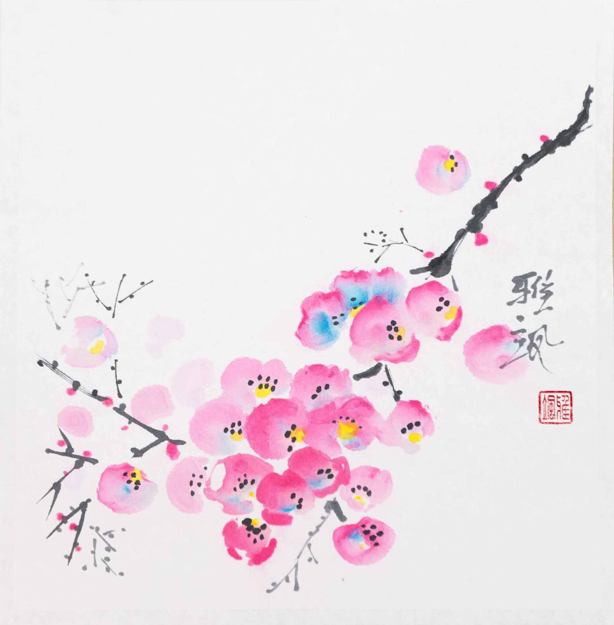 Japanese Cherry Blossoms Sumi-e Painting on Rice Paper, Ink and ...