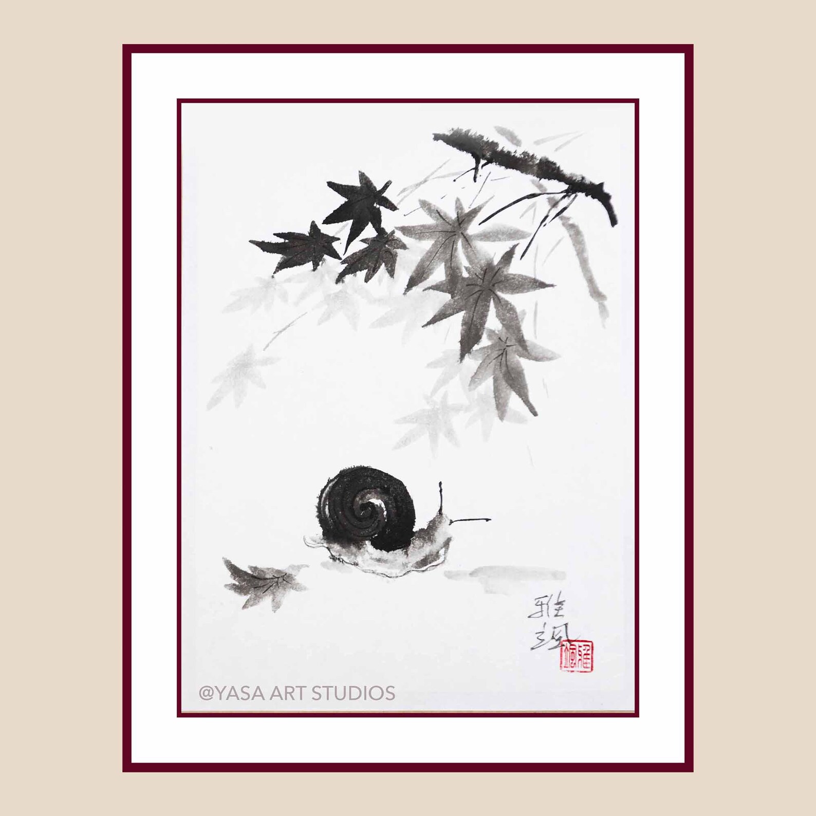 Snail and Japanese Maple - Original Ink Painting - Japanese Sumi-e ...
