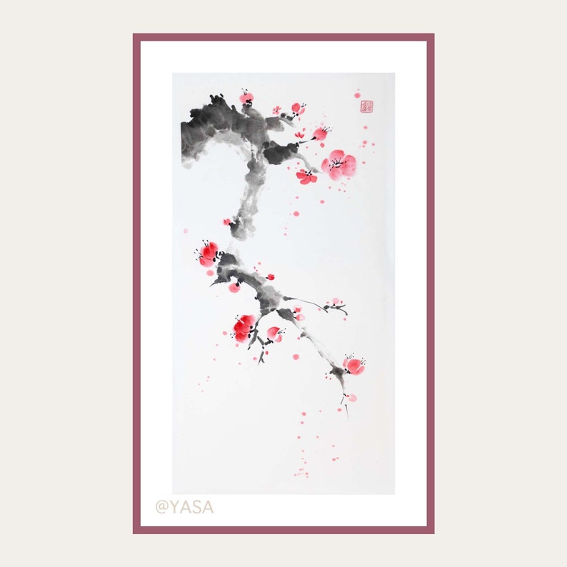 Cherry Blossom Sumi-e Painting - Japanese Sakura Art - Ink and ...
