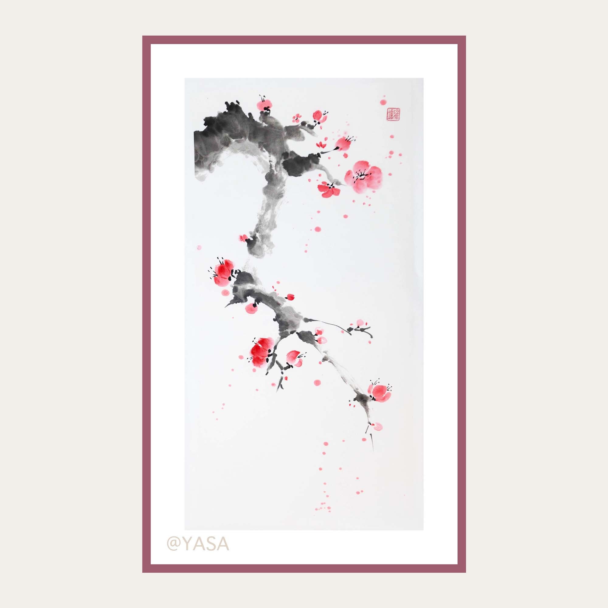 Cherry Blossom Sumi-e Painting Japanese Sakura Art Ink and Watercolor ...