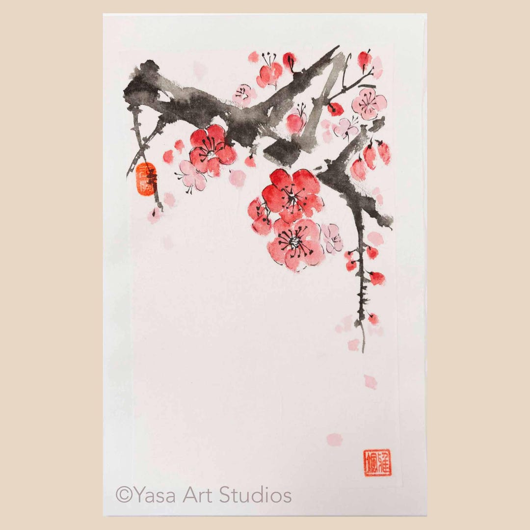 Japanese Sakura Sumi-e: Cherry Blossom Watercolor Painting on Rice ...
