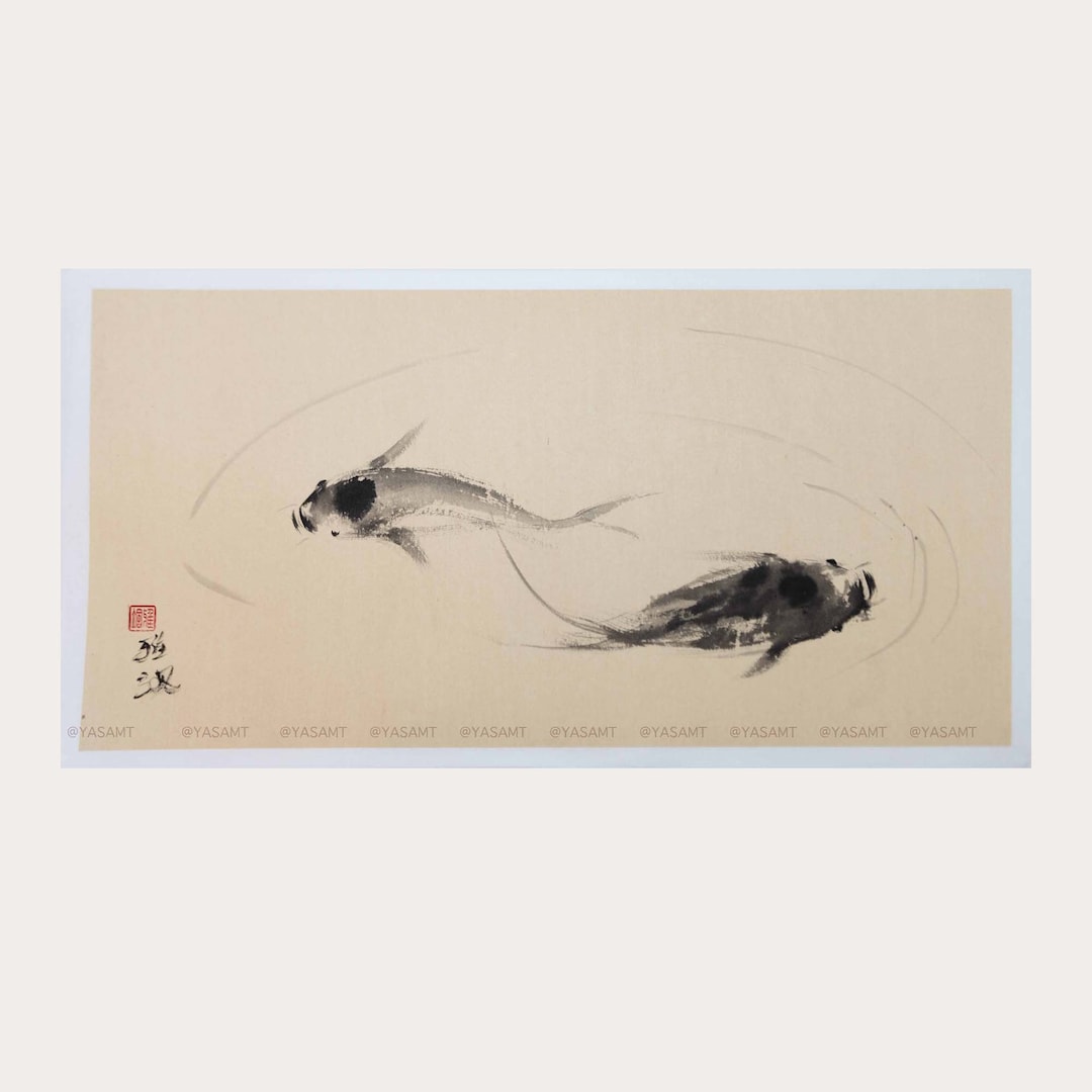 Two Japanese Koi Fish Moving in the Opposite Directions Original ...