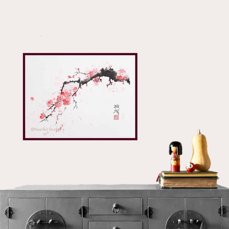 Vibrant Cherry Blossom Branch: Original Sumi-e Painting, Ink ...
