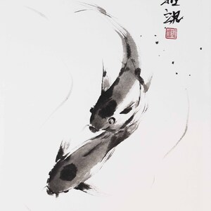 Two Koi Fish Original Painting, Ink on Rice Paper, Japanese Sumi-e ...