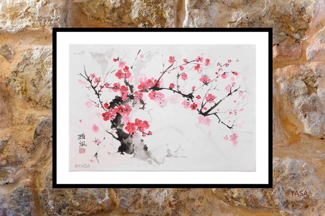 Cherry Blossoms. Original Sumie Painting. Ink and Watercolours on Rice ...