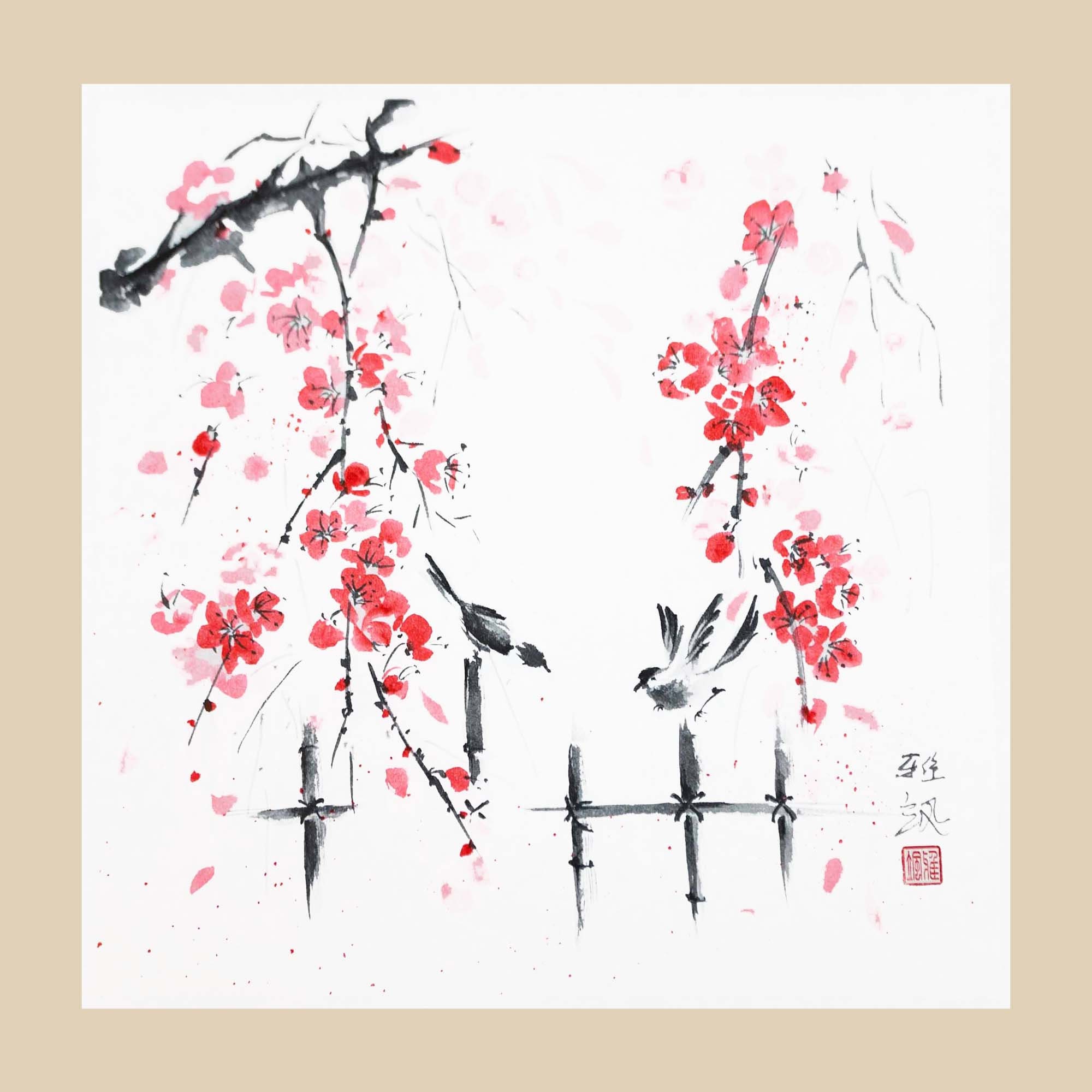 Vibrant Cherry Blossom Branch, Original Square Sumi-e Painting, Ink and ...