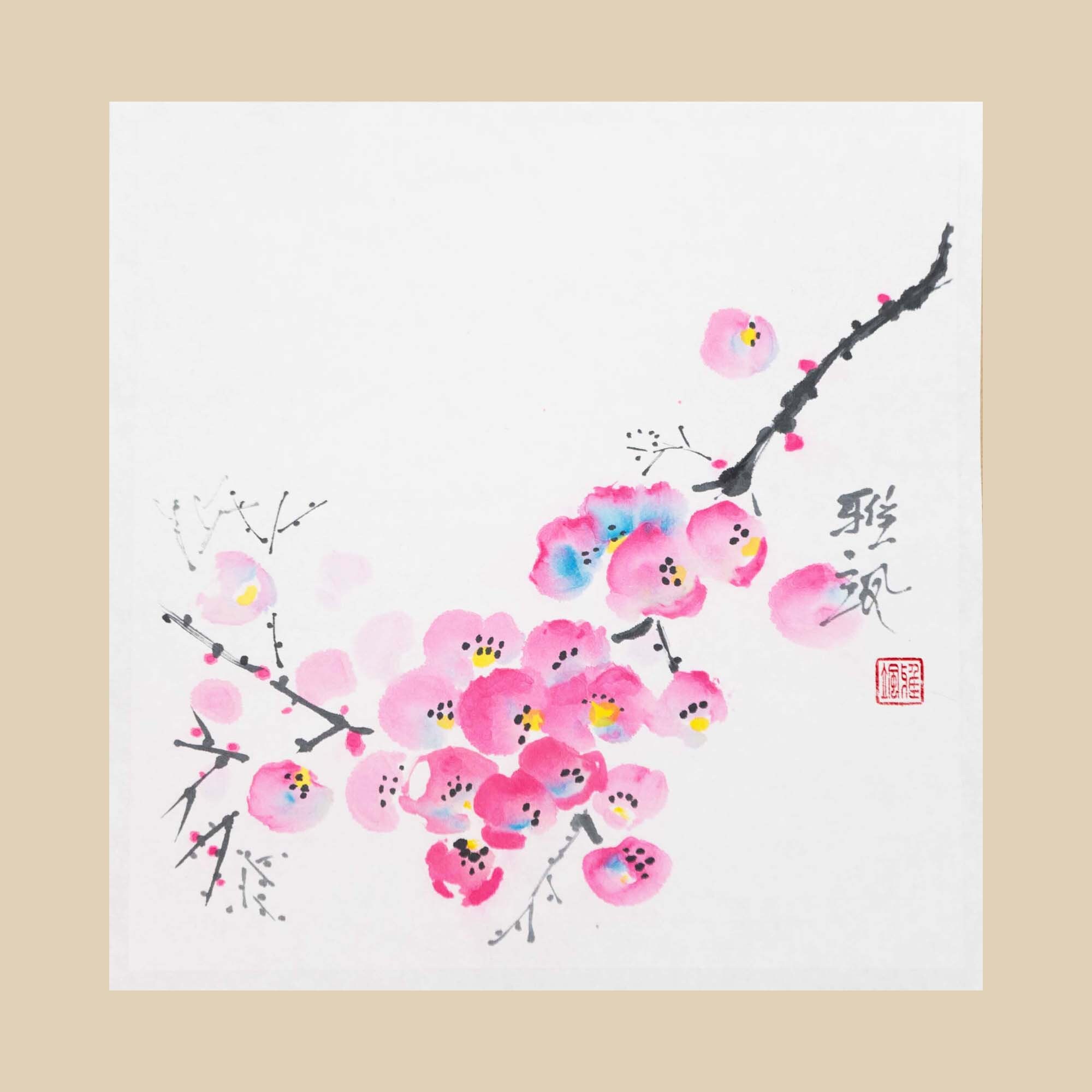 Japanese Cherry Blossoms Sumi-e Painting on Rice Paper, Ink and ...
