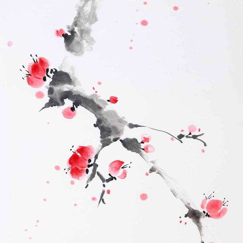 Cherry Blossom Sumi-e Painting - Japanese Sakura Art - Ink and ...