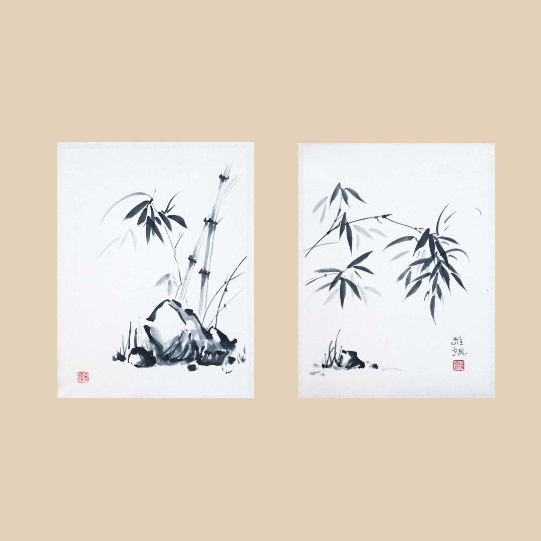 Bamboo and Rocks Painting Set: Ink on Rice Paper - Etsy