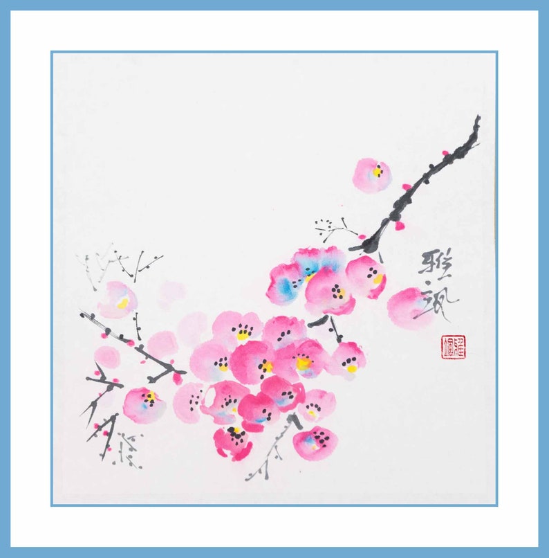 Japanese Cherry Blossoms Sumi-e Painting on Rice Paper, Ink and ...