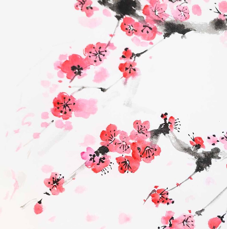Cherry Blossoms Large Original Painting – Ink and Watercolours on Rice ...