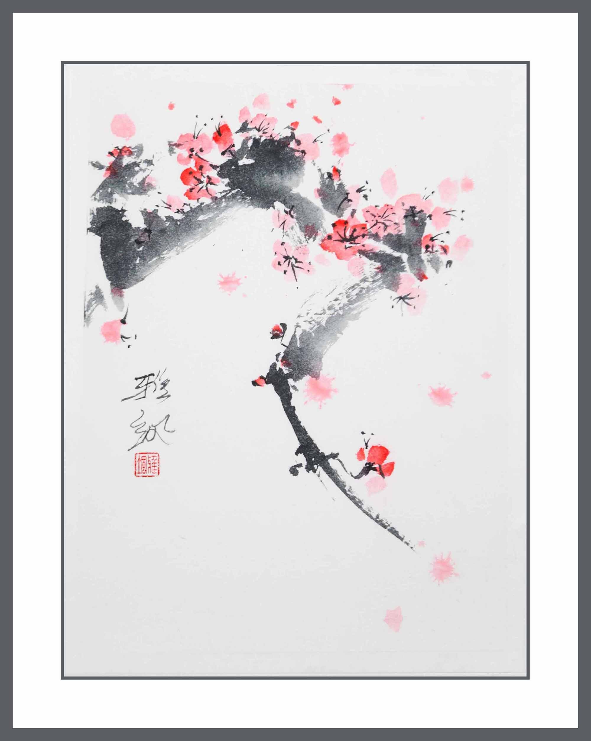 Paired Cherry Blossom Paintings, SET OF TWO, Ink and Watercolours on ...