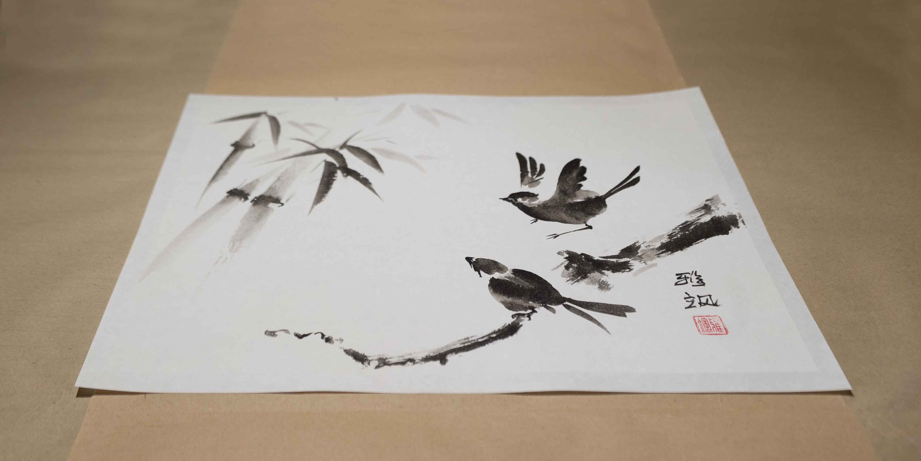 Sparrows and Bamboo Original Sumi-e Painting. Ink on Rice Paper ...