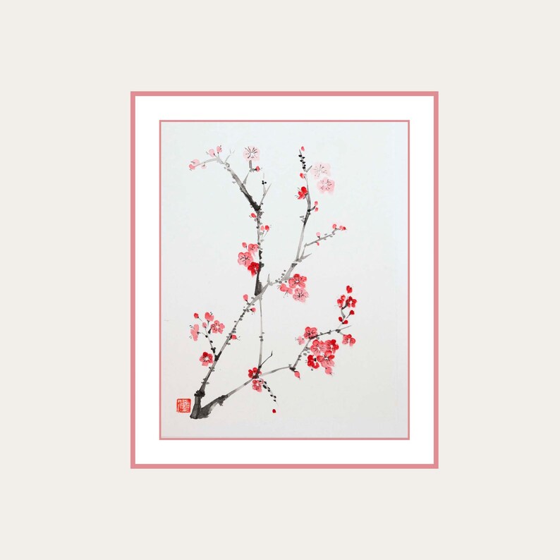 Bright Pink Cherry Blossom Original Sumi-e Painting. Ink and ...