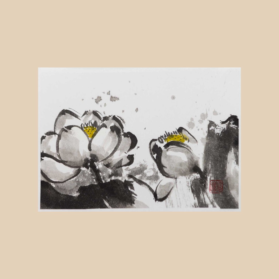 Lotus Flower Painting - Original Sumi-e Artwork, Ink and Watercolours ...