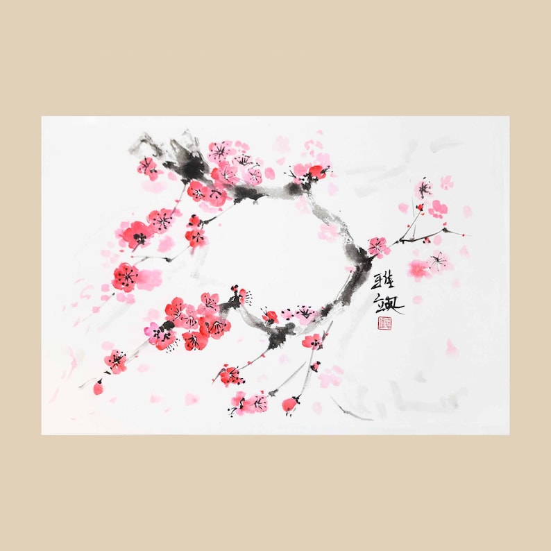 Cherry Blossoms Large Original Painting – Ink and Watercolours on Rice ...