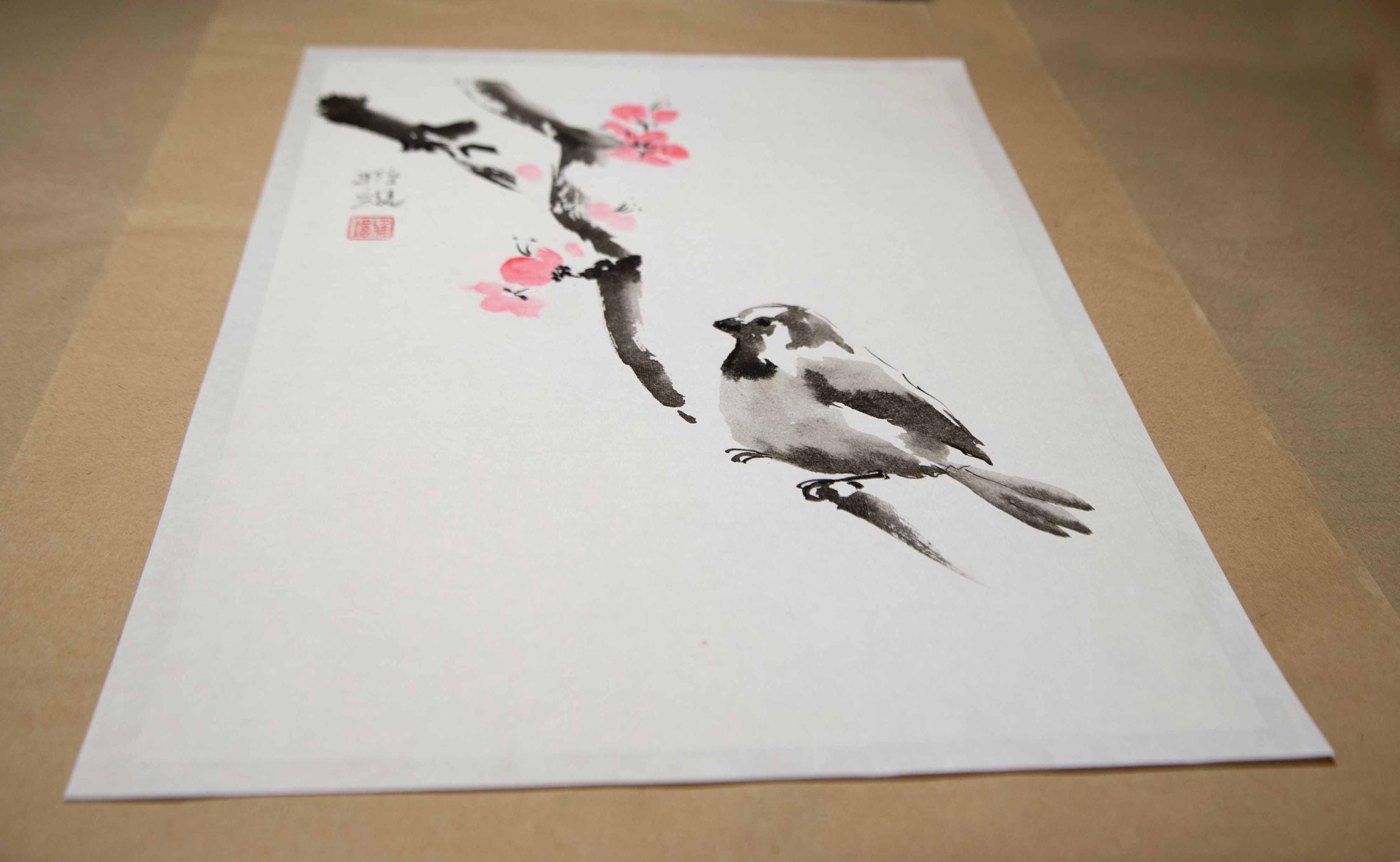 Sparrow and Cherry Blossoms Original Sumi-e Painting. Ink on Rice Paper ...