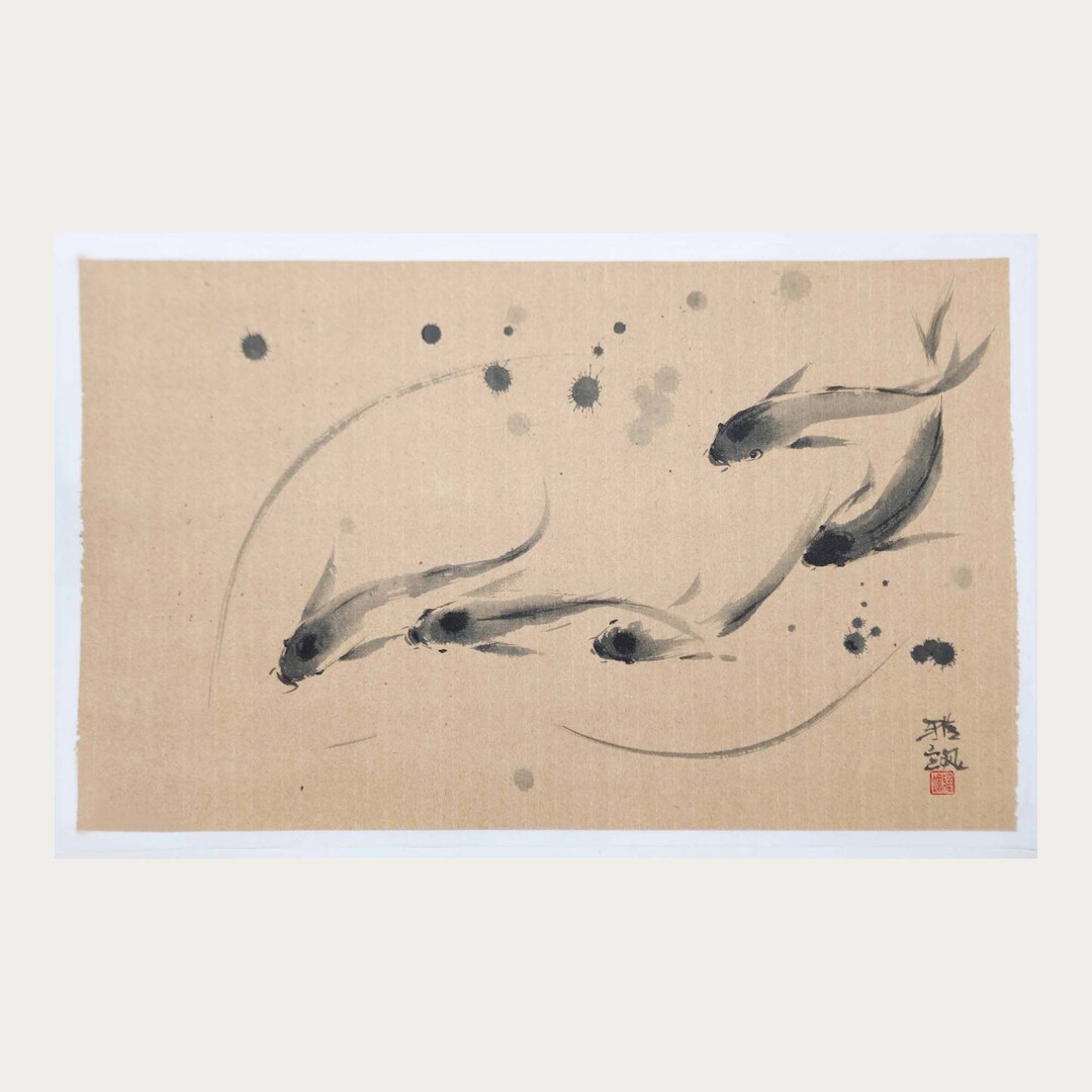 Zen Koi Fish Sumi-e: Ink on Beige Rice Paper, Original Painting - Etsy