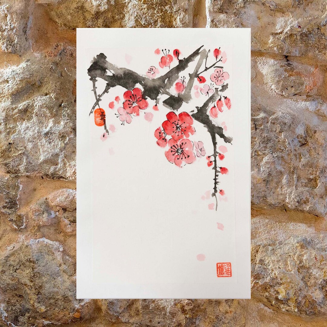 Pink Cherry Blossom Original Painting. Ink and Watercolours on Rice ...