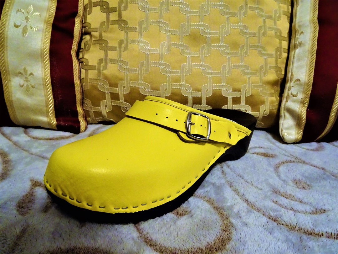 Yellow on the Black Sole Swedish Style Leather Wood Clogs Handmade With ...