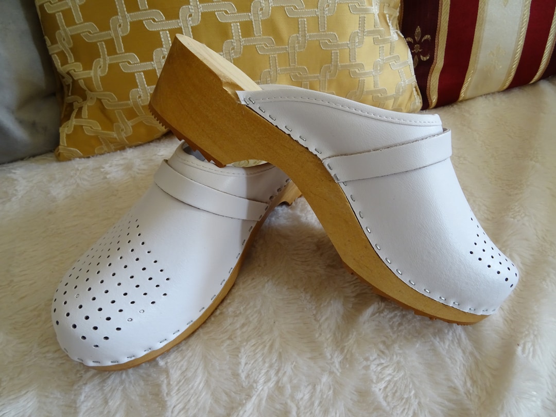 White Swedish, Danish Style Leather Wood Clogs With Holes for Foot ...